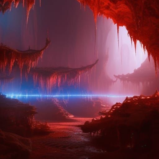 underground cave city, copper sidhe cavern civilization, blue fae ...
