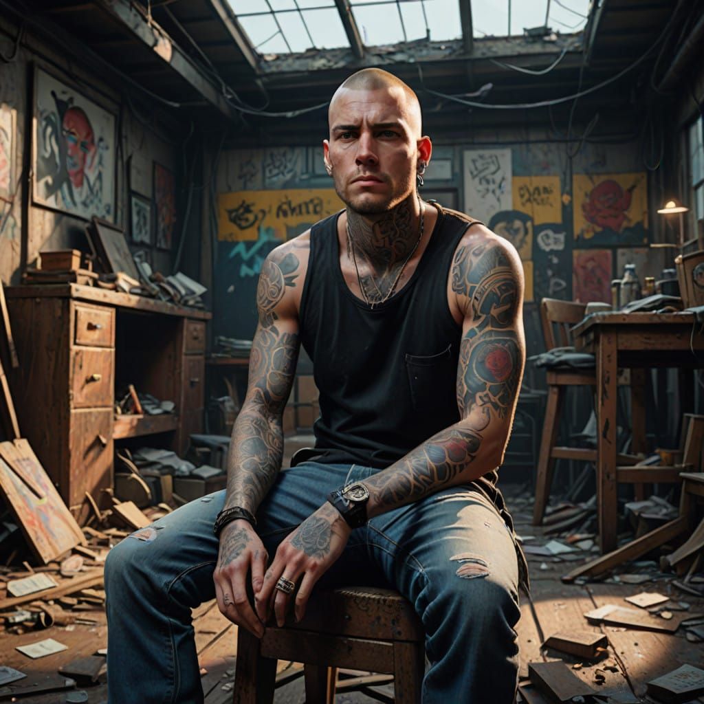 Heavily Tattooed Skinhead in Dark, Gritty Abandone... - AI Art