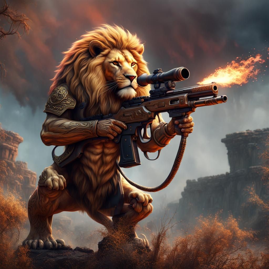 Lion with firegun - AI Generated Artwork - NightCafe Creator