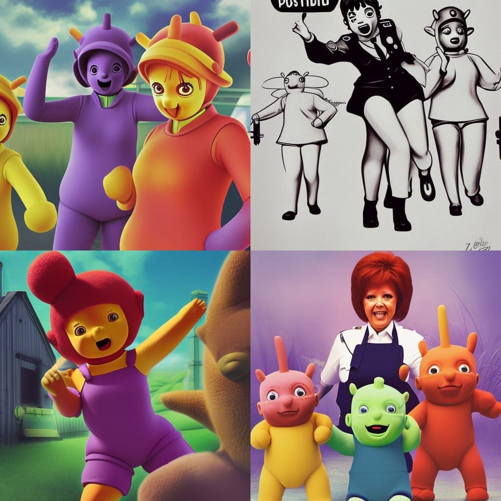 police detective cilla black arresting the teletubbies - AI Generated ...