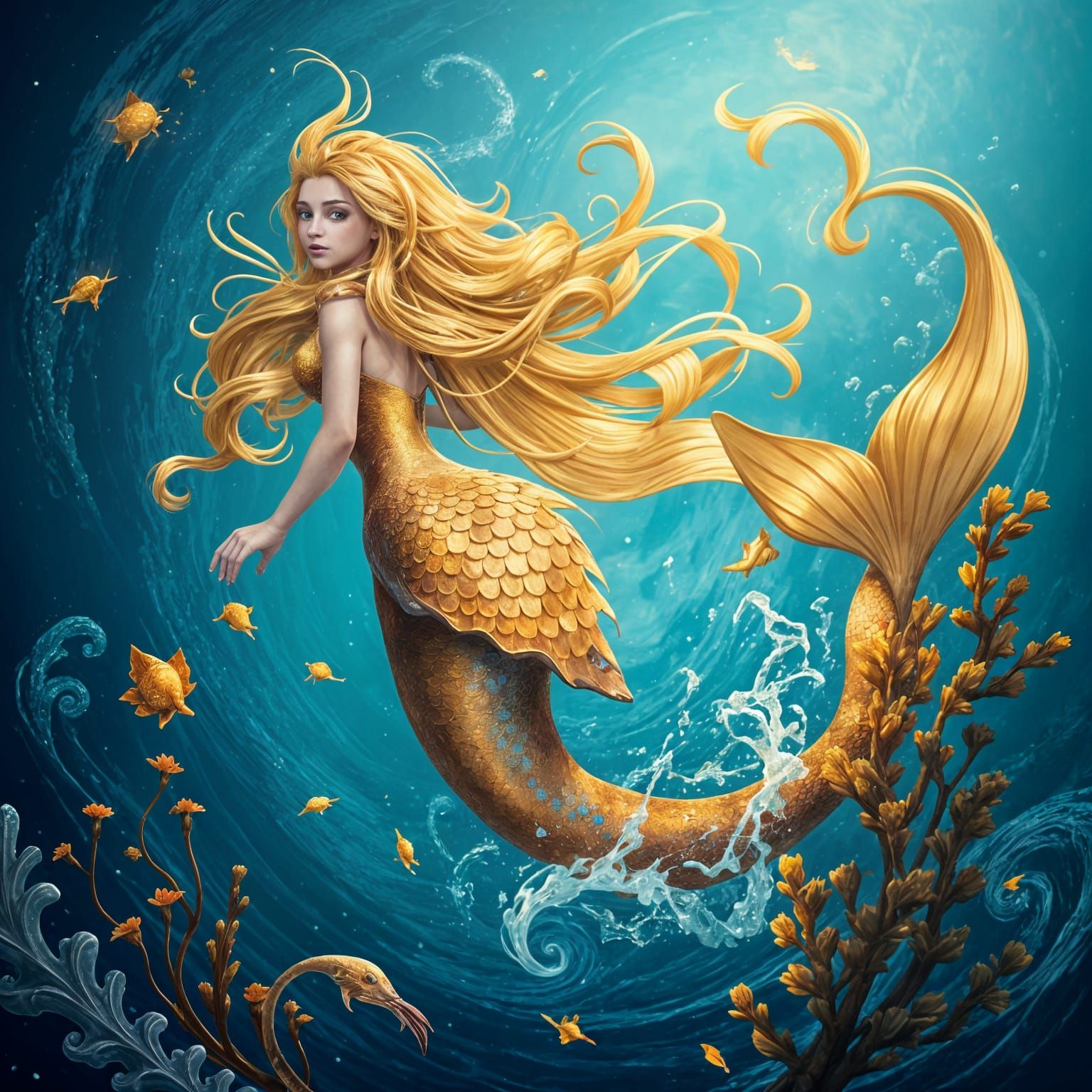 Gold mermaid - Golden Mermaid in Vibrant Fantasy World