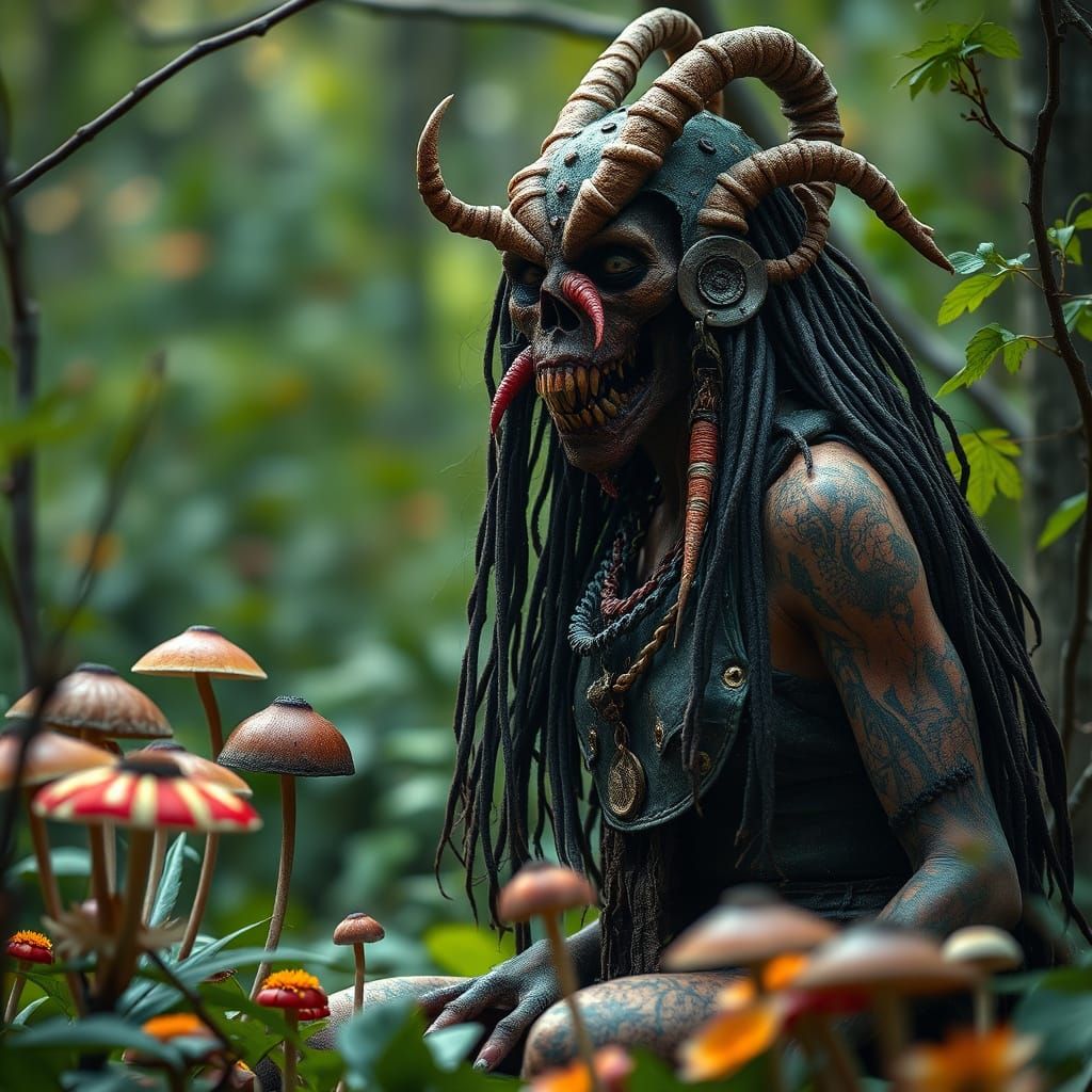 female cannibal barbarian, Mutated swamp, toxic flowers, savage mushrooms