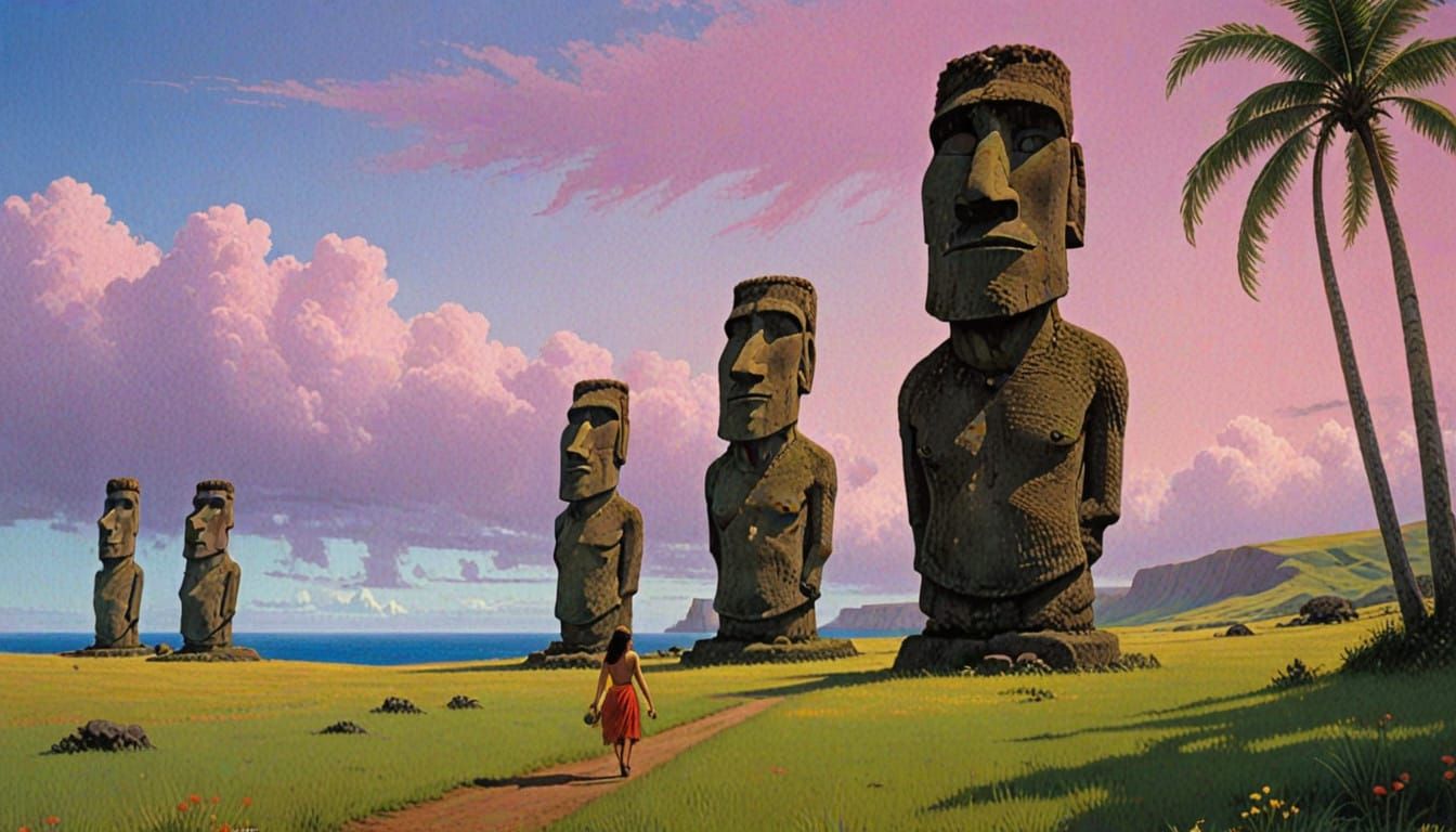 island... - Empowered Woman Approaches Ancient Moai Statue o...