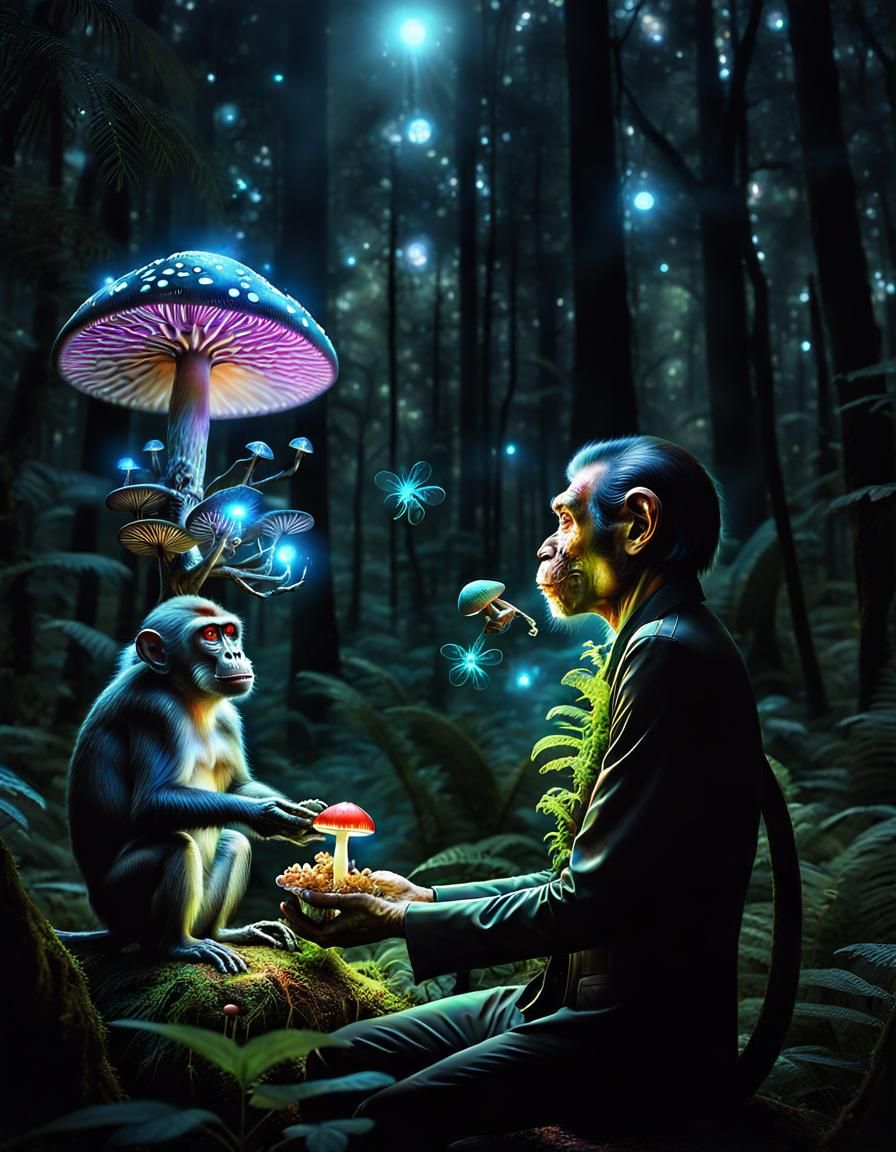 An Alien is giving a magical mushroom to a monkey in a forest - AI ...