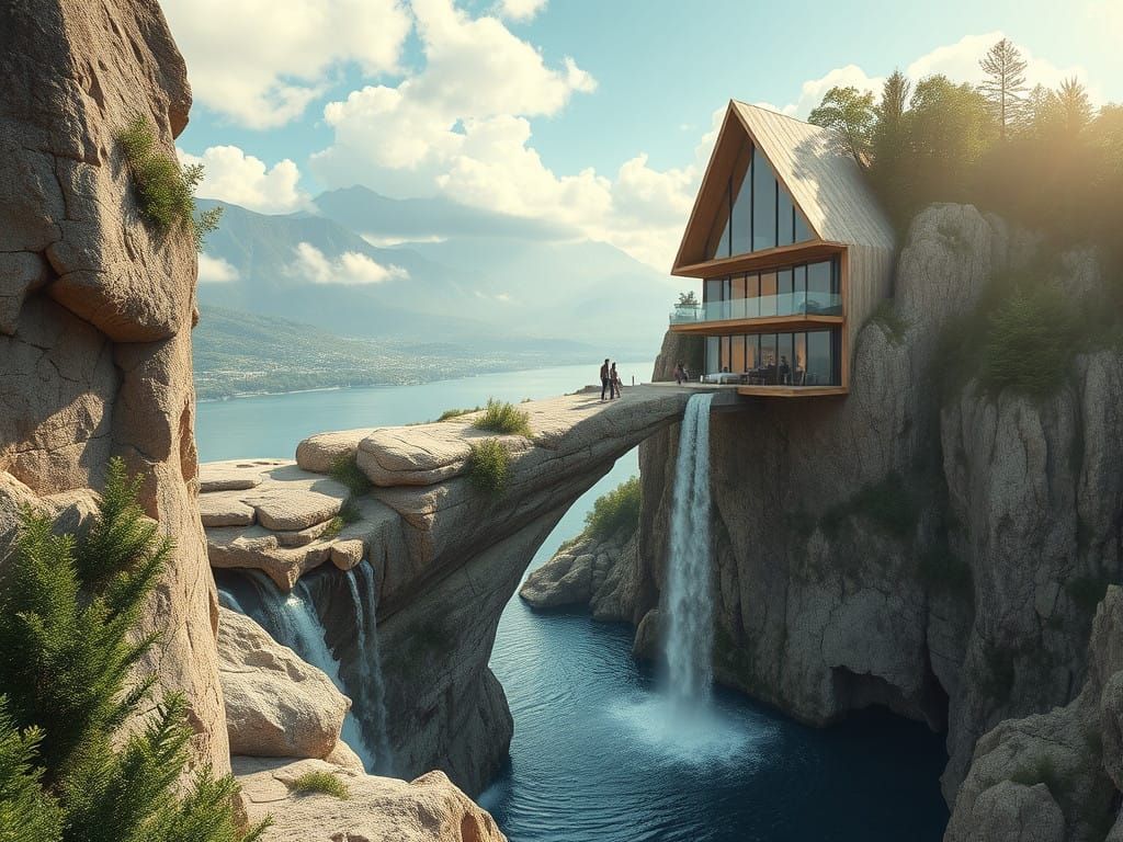 Surreal Cliffside Oasis in Ethereal Architecture S... - AI Art