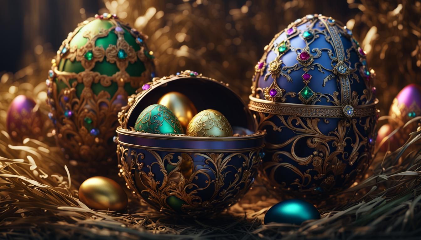 A close-up shot of a hinged metal Easter egg, revealing a nest of ...