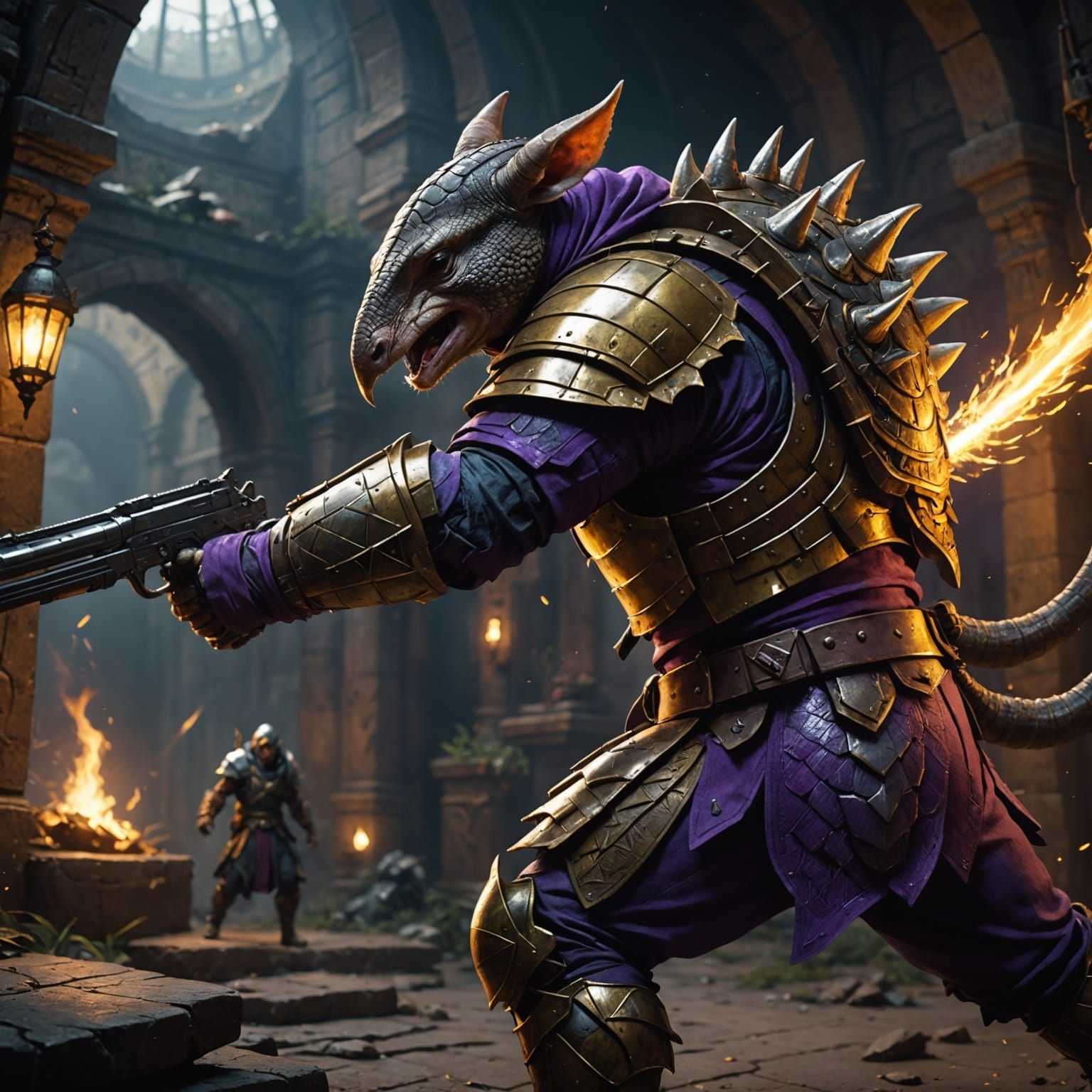 Armadillo fighter shooting from wrist mounted slinger at an evil dark beast