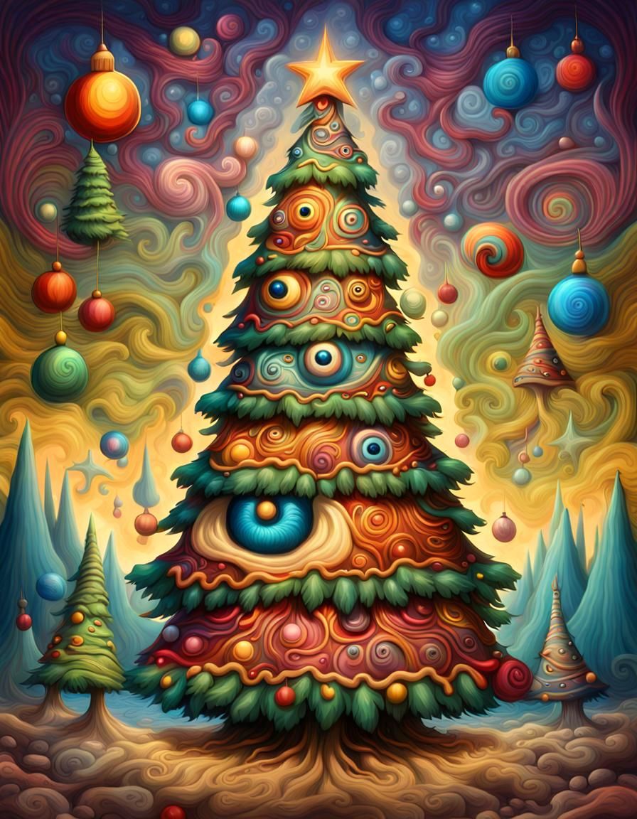 a colorful christmas tree with colorful art, and creatures, in the ...