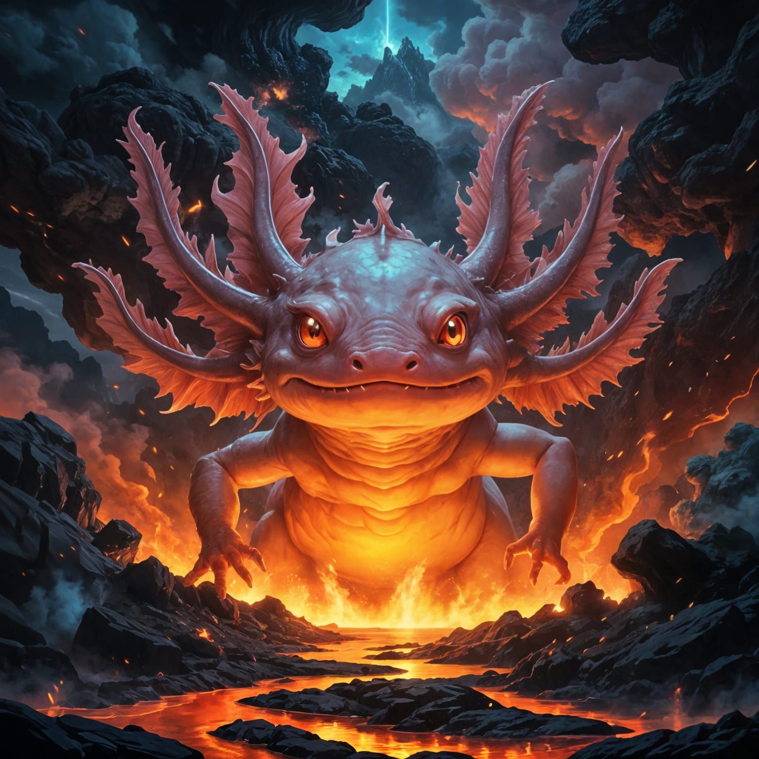 giant axolotl emerging from a volcano, with glowing eyes, and skin made ...