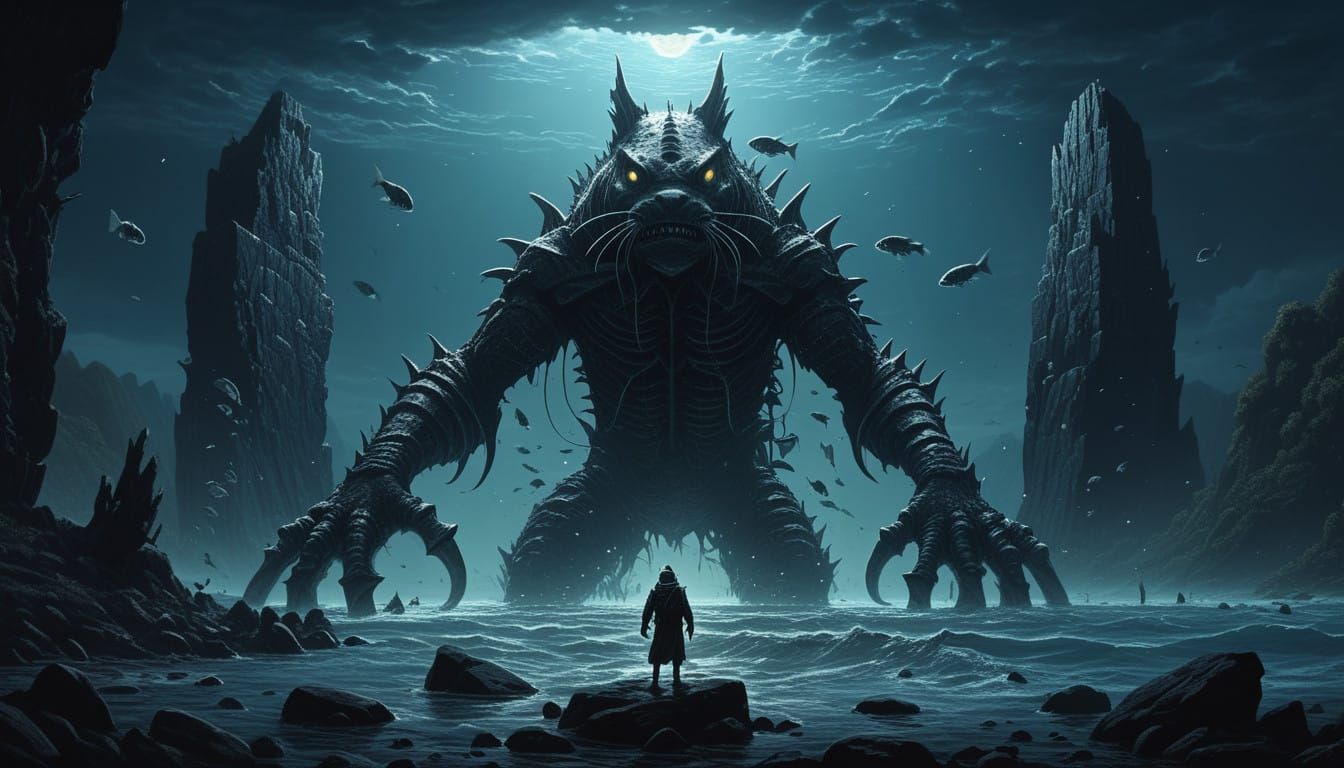 Giant Humanoid Catfish Hugs Ancient Monolith in Da... - AI Art