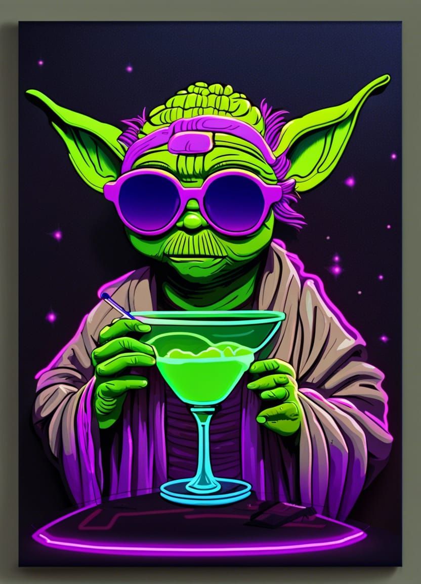 Yoda with sunglasses, in a neon category cafe, sipping margaritas. - AI ...
