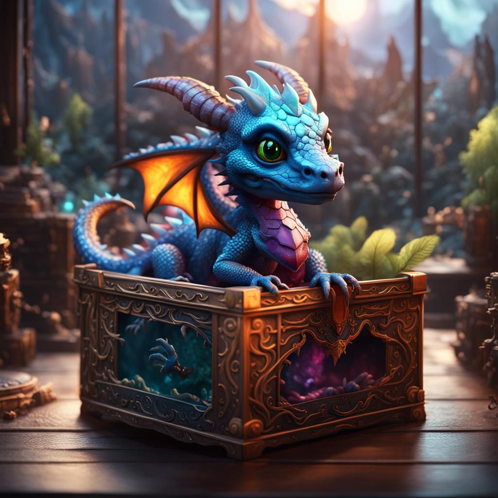 A cute little dragon in a box - AI Generated Artwork - NightCafe Creator