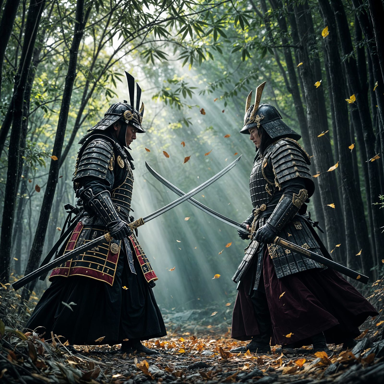 "An intense and cinematic scene depicting two fully armored samurai ...