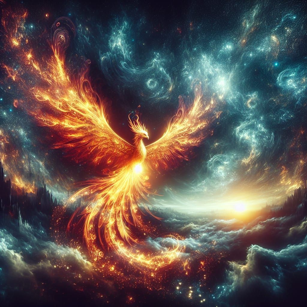 legendary phoenix spreading glowing wings in the universe - AI ...
