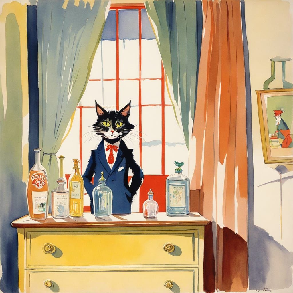 Bartender Cat - Charming Watercolor of a Hungover Cat