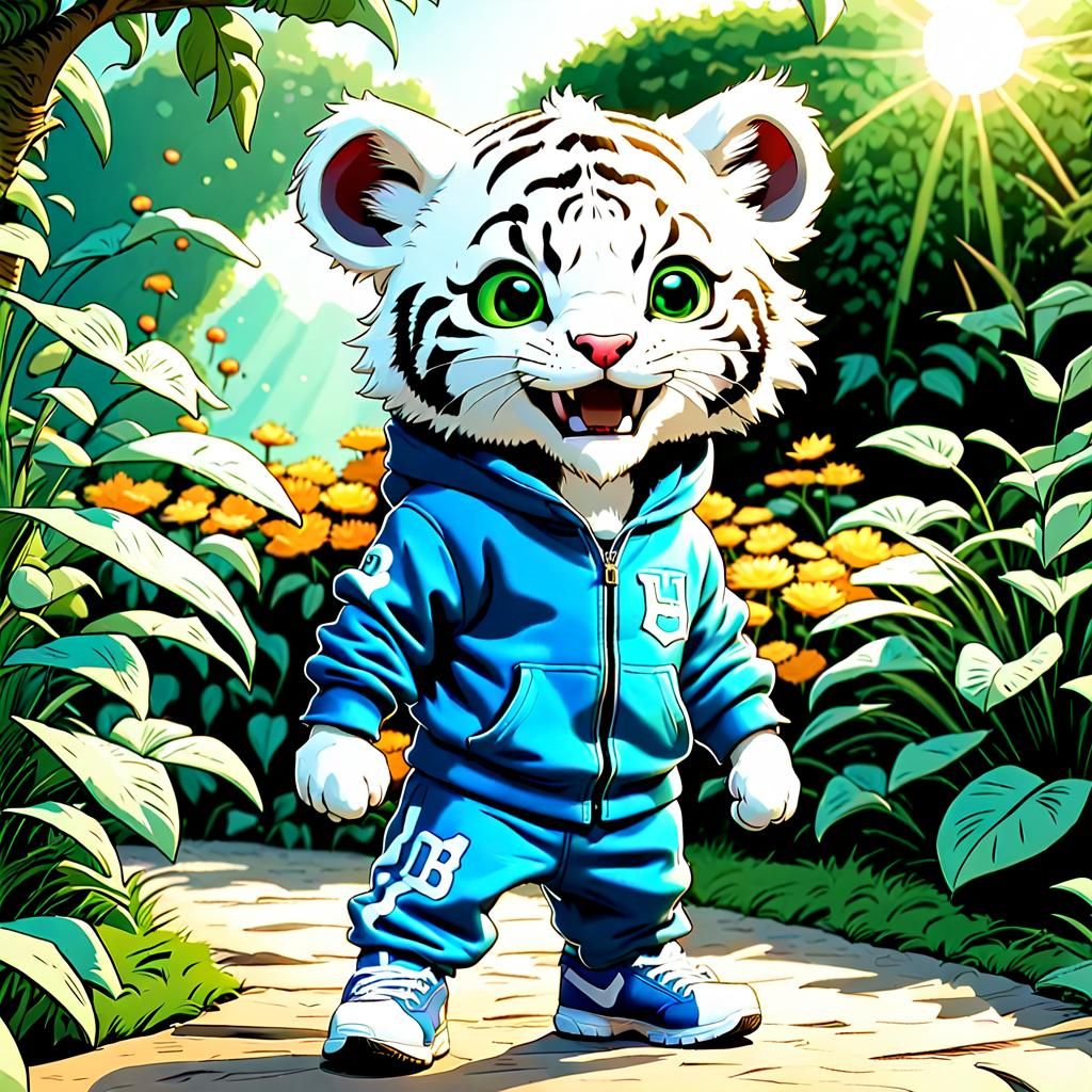 In the garden, a sickly anthropomorphic white golden tiger cub wear ...