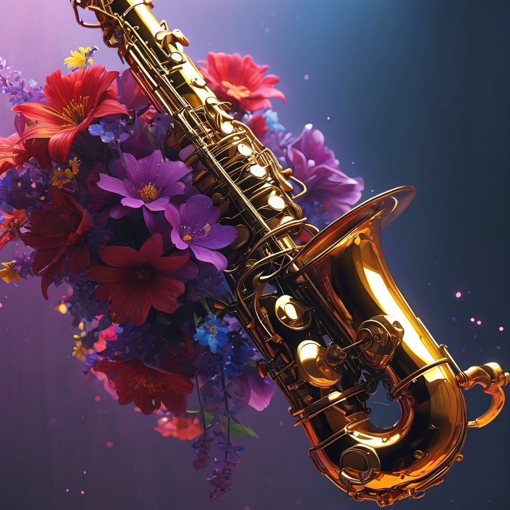 artistic close-up of a transparent crystal saxophone from which red ...