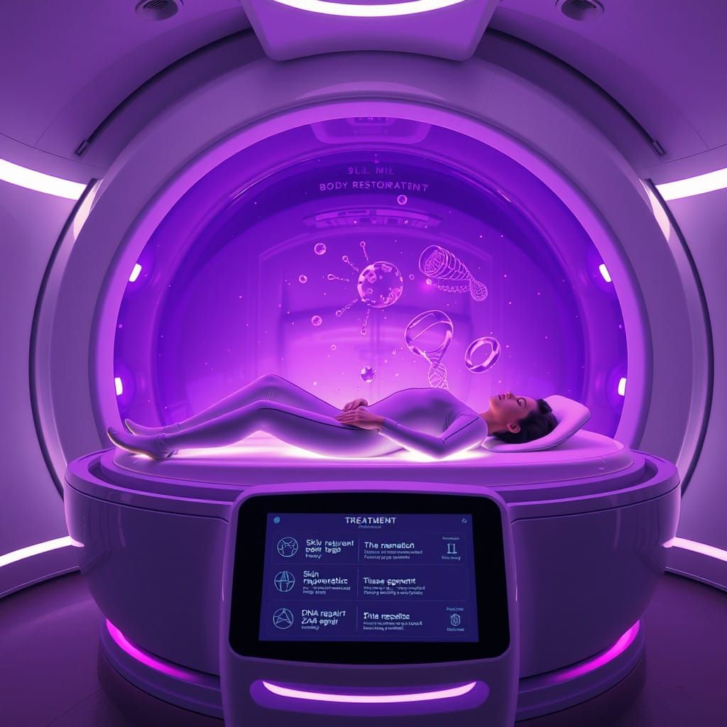 A woman lies in a cell regeneration capsule, is treated, and ...