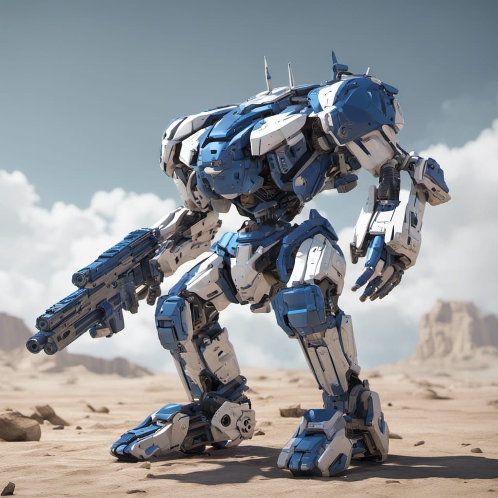 blue and white military mech - AI Generated Artwork - NightCafe Creator