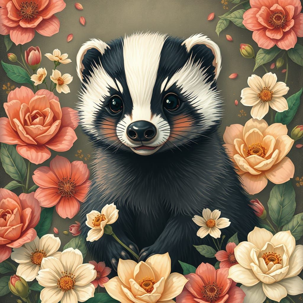 Cute honey badger among flowers. - Vibrant Honey Badger Bloo...
