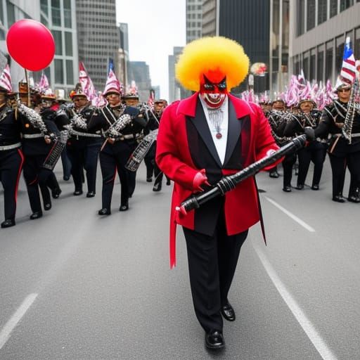 Evil clown army officer holding balloons and a large mace while ...