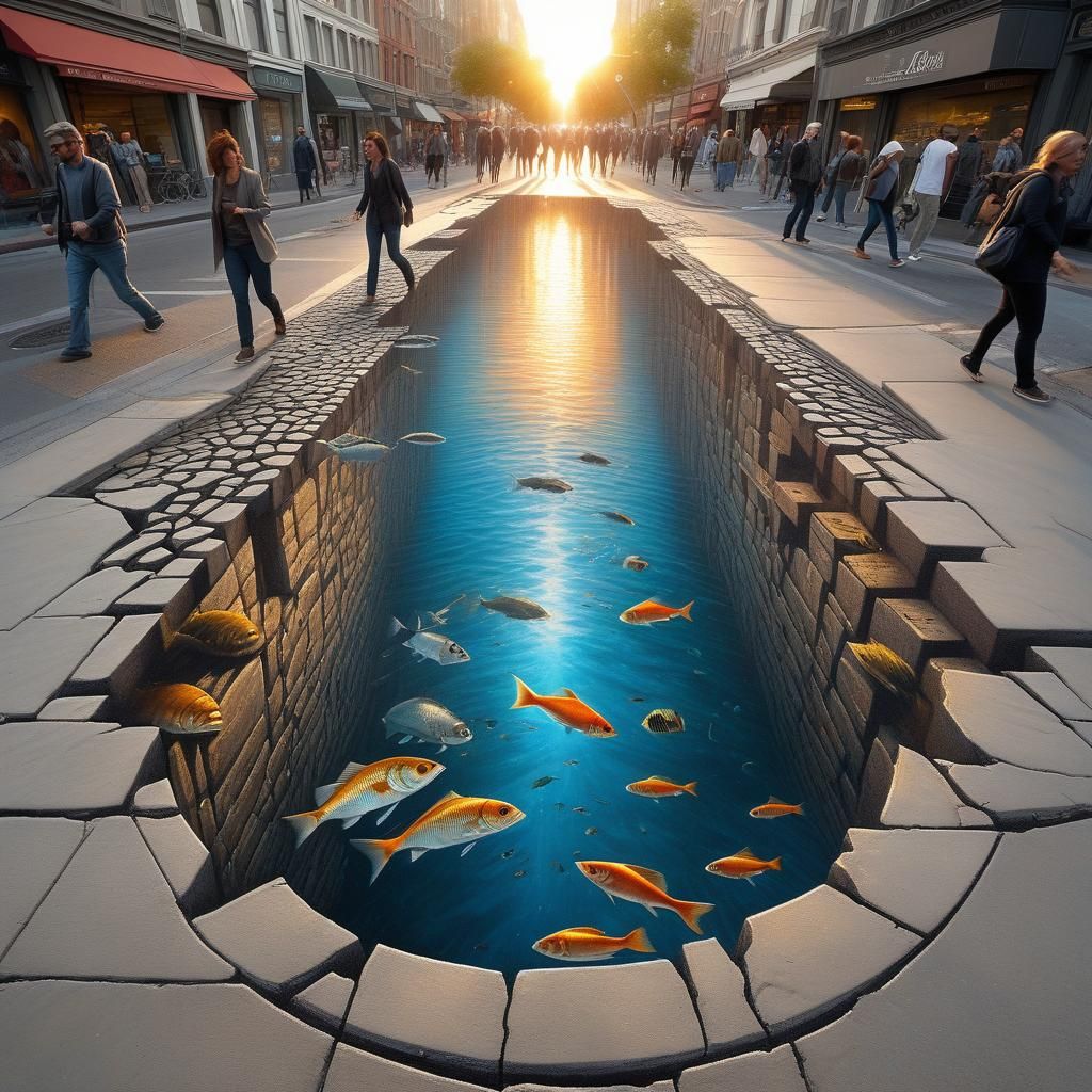 "anamorphic street art of hole in the street filled with water and fish ...