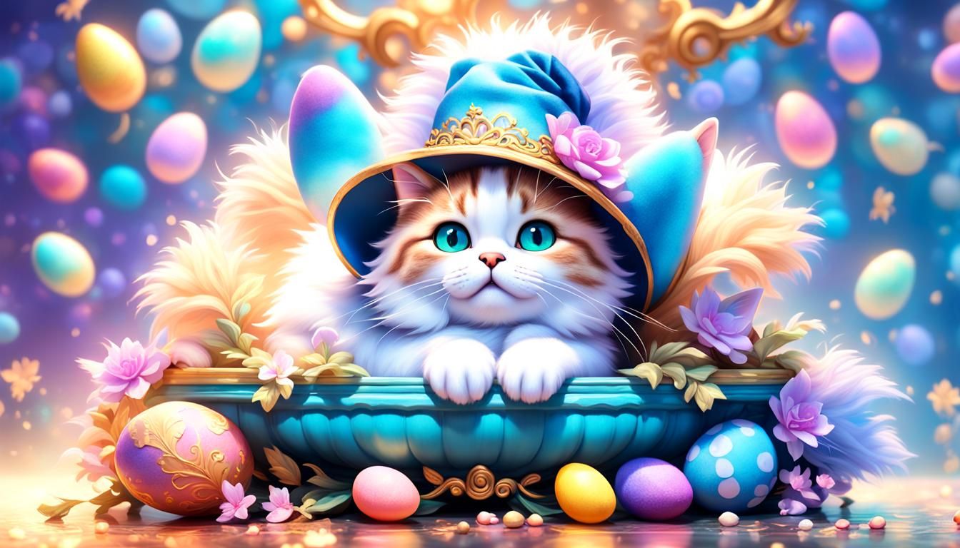 fluffy chibi cat laying on a baroque with easter hats ethereal fantasy ...