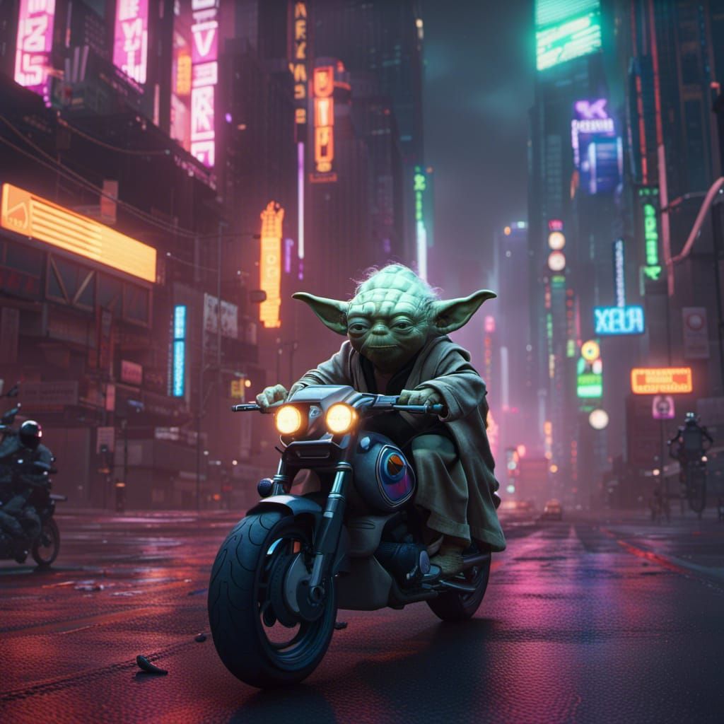 Yoda riding a motorbike in front of a cyberpunk city, volumetric light ...