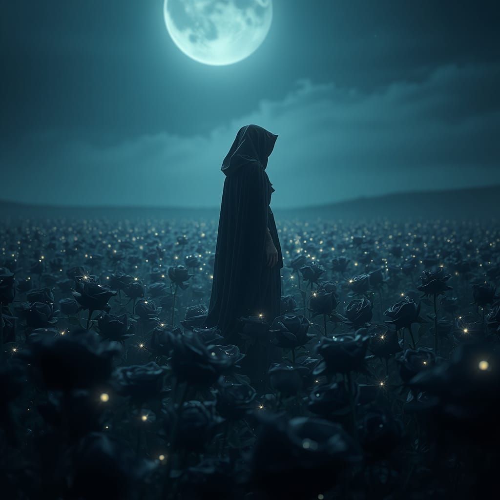 Starry black rose field at night - Glowing Black Roses Under...