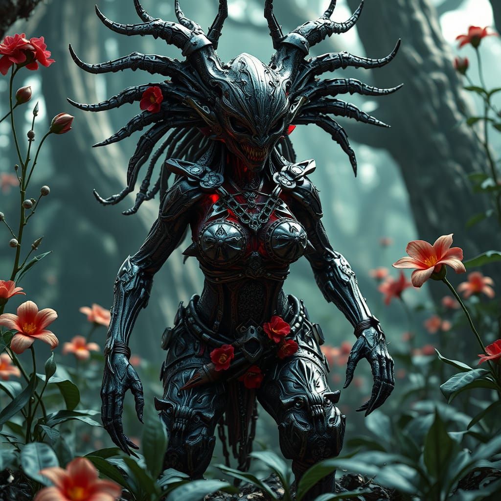 Mutated female barbarian, ancient evil dark jungle, flowers of pain.