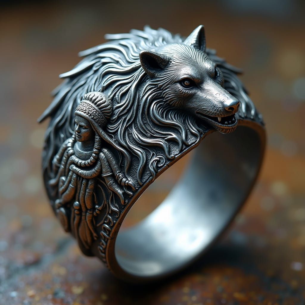 Mystical Ring Adorned with Werewolf and Indian Med... - AI Art