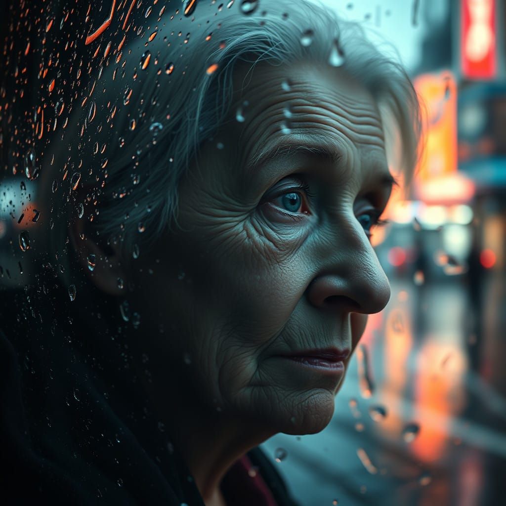A hyperrealistic 4k photo of a rain distorted Old woman's face looking ...