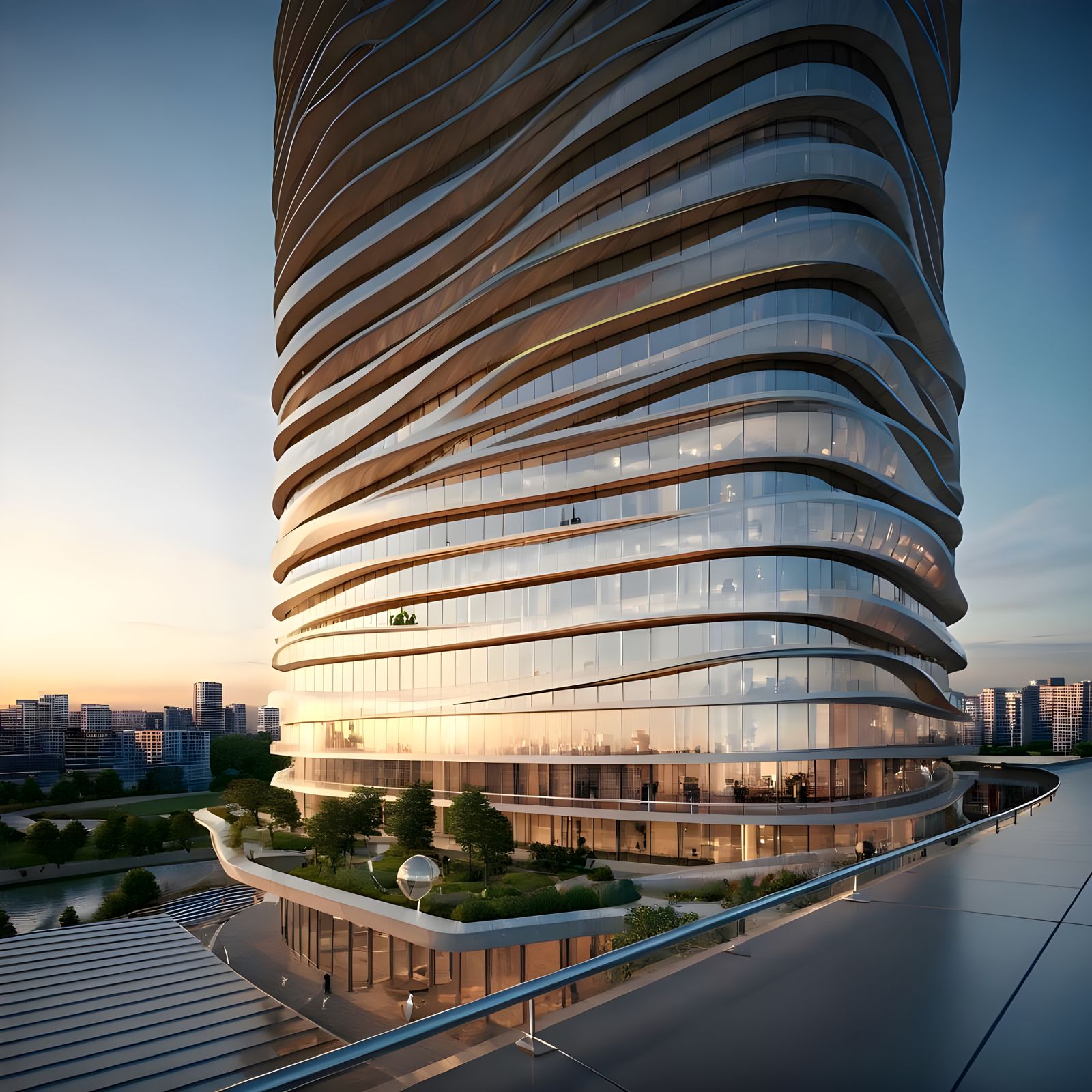 A sleek, futuristic, and organic flower-shaped building made of ...