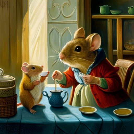 beatrix potter, Mother mouse having a tea party with her baby mice - AI ...