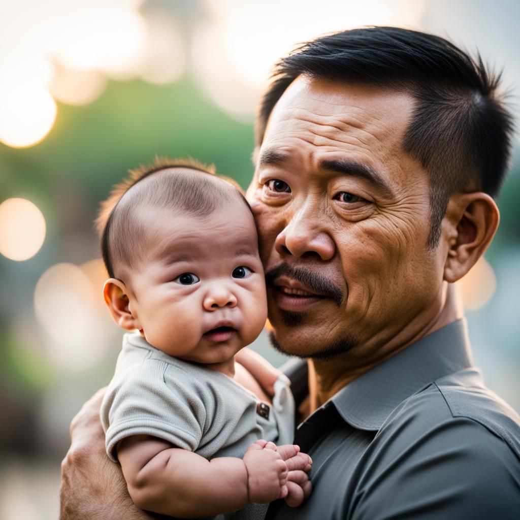 A Thai father holds his infant son and looks at him with adoring eyes ...