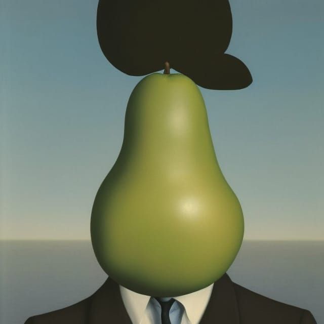 The Son of Man René Magritte green pear, Behind the pear is a man's ...
