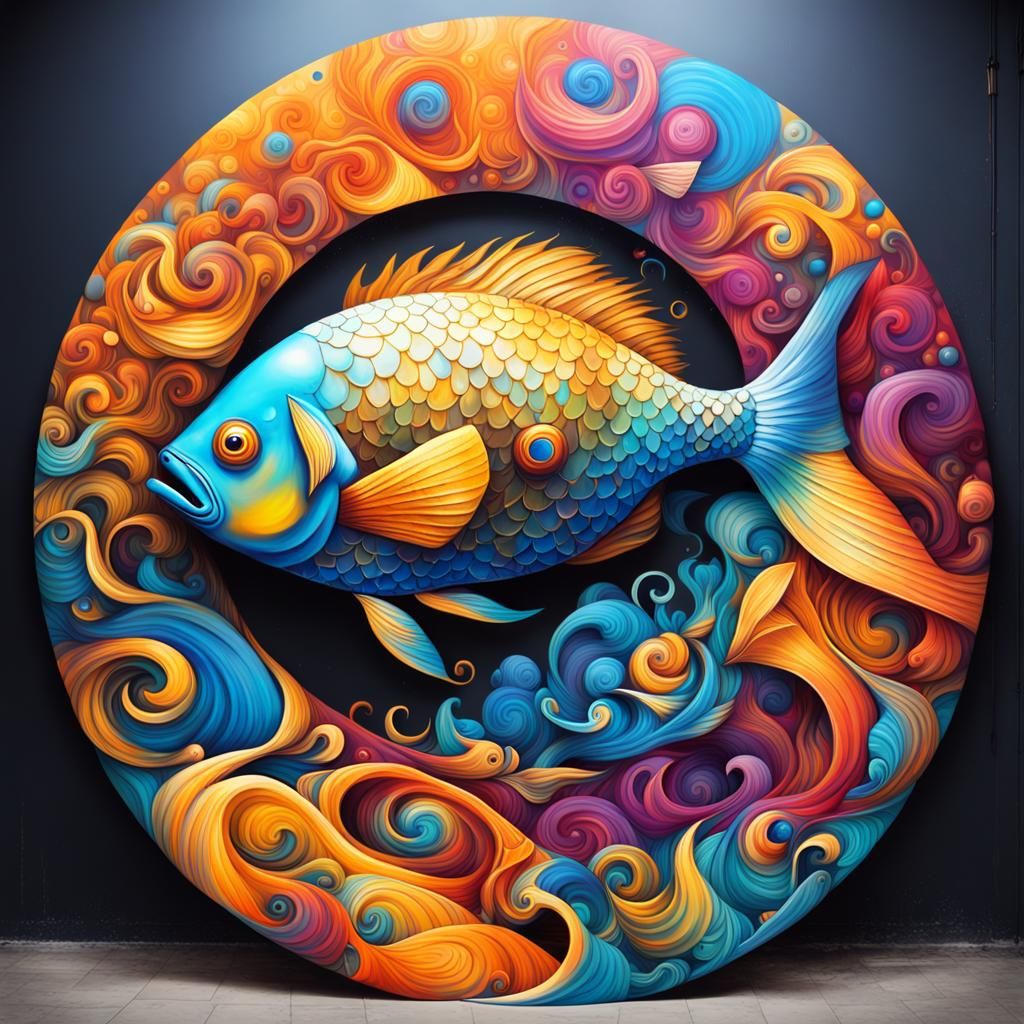 Colorful fish swim in a golden vortex. In the center stands the ...