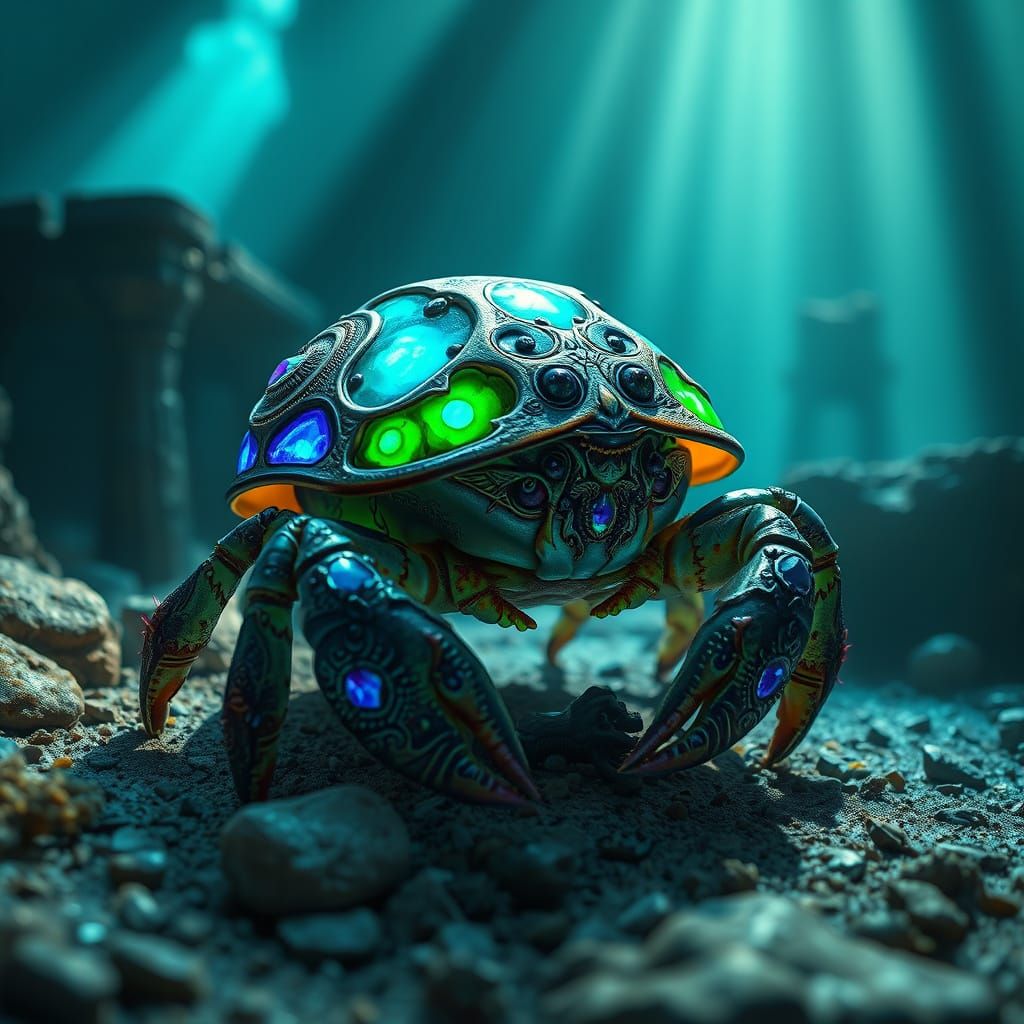 Bioluminescent Hermit Crab Explores Sunken City Ru... - AI Art