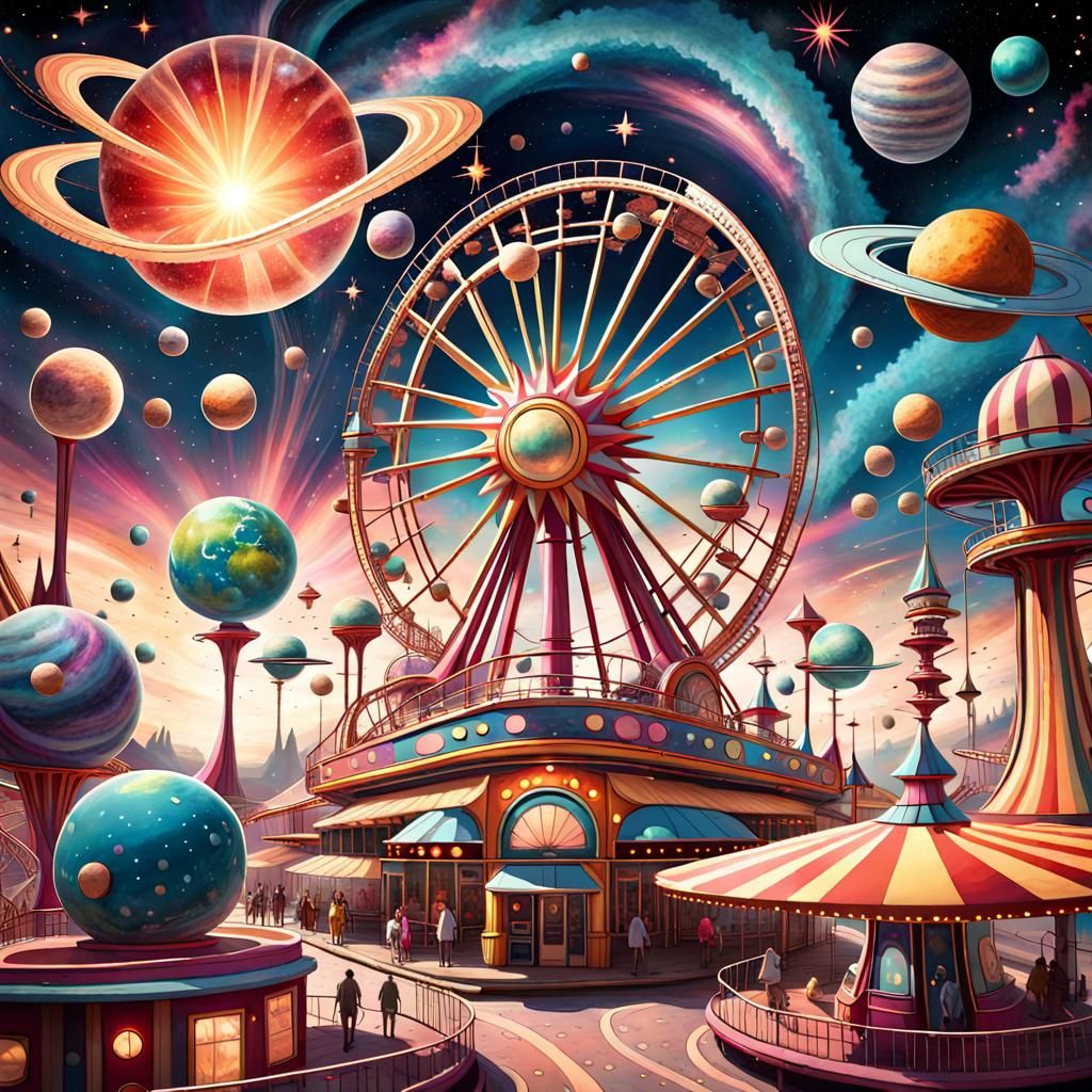 "A whimsical space carnival with cosmic roller coasters spiraling ...