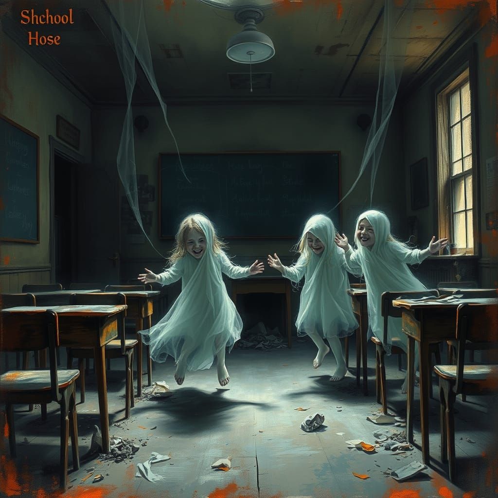 Ethereal Children at Play in a Haunted Schoolhouse - AI Art