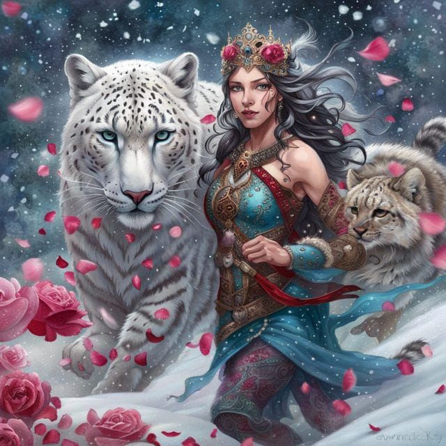 "Beautiful Snow princess running with a majestic beautiful snow leopard ...