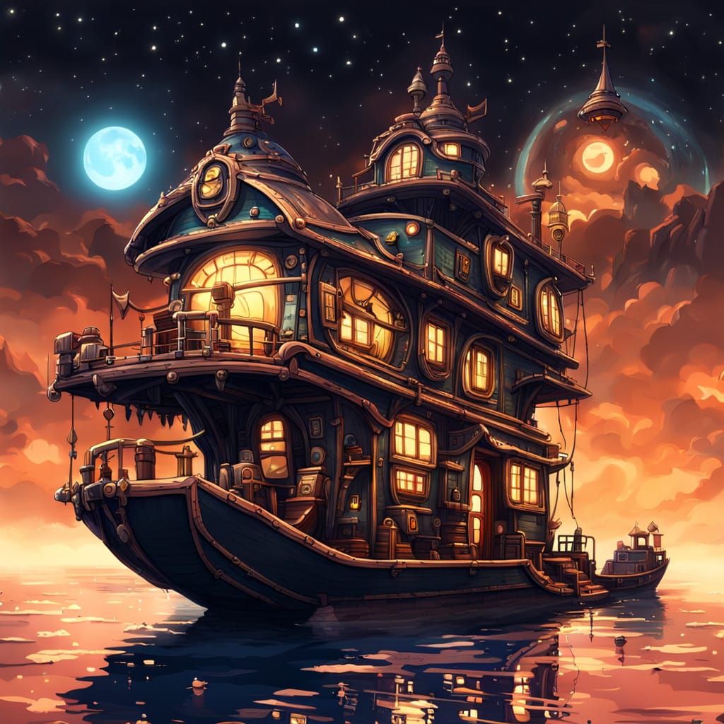 Utopian Houseboat in Cyberpunk Aesthetic - AI Art