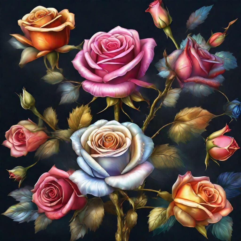 beautiful highly detailed drawing of a multicolored long-stemmed roses ...