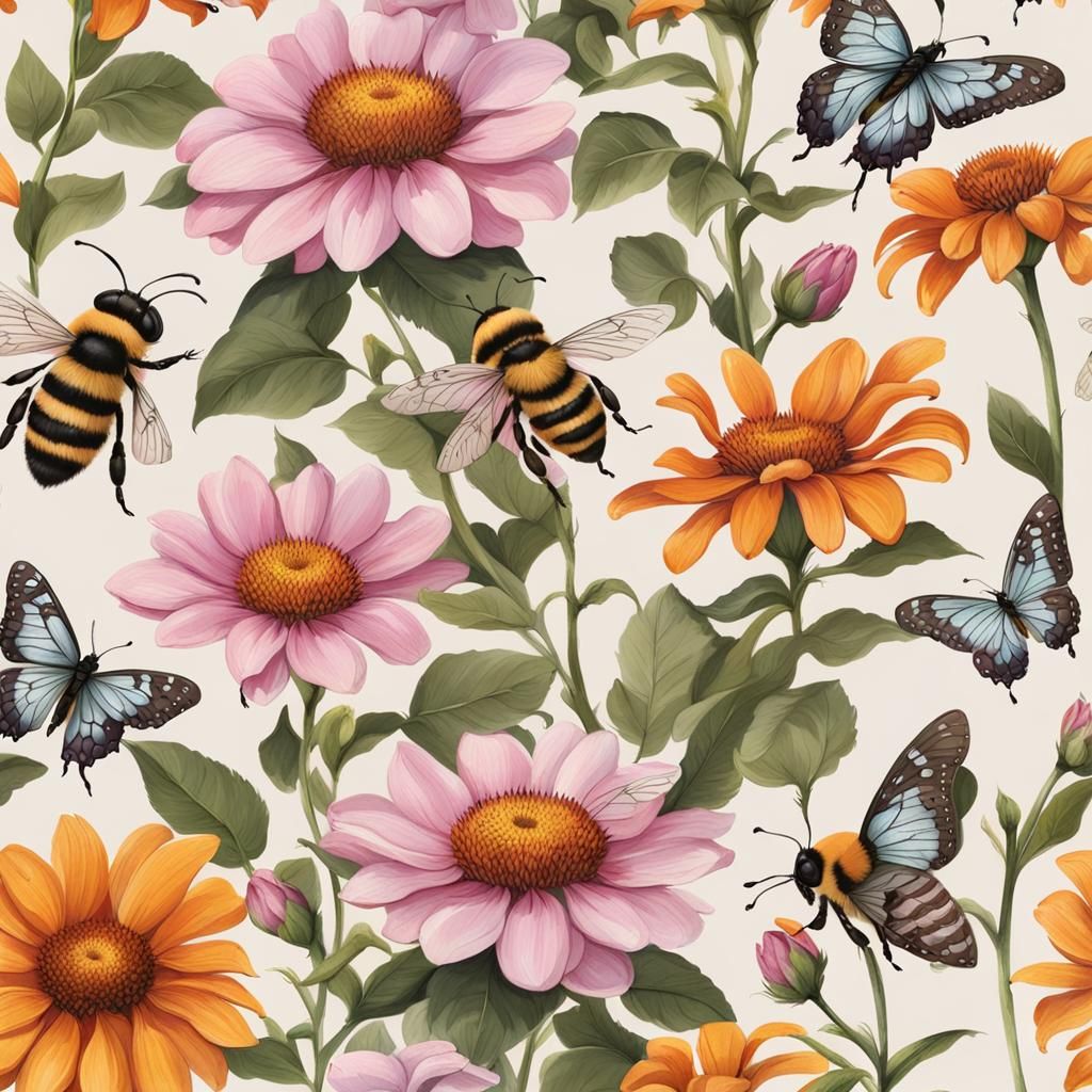 bees flutter around the flowers and the butterflies are landing nearby ...