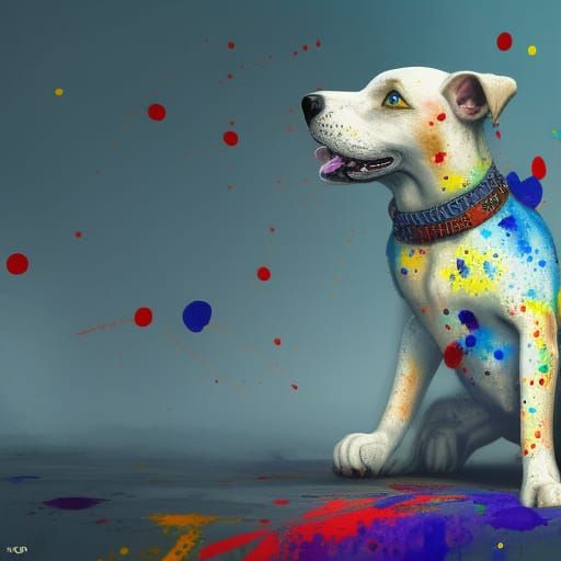 puppy dog painting and multicoloured paint splats and paw prints - AI ...