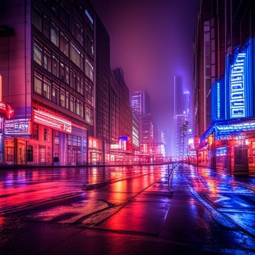 Seattle urban street at night, neon lights, smog, cyberpunk, Blade ...