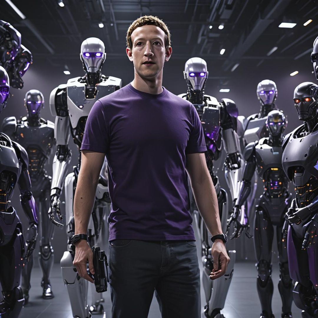 A photorealistic, Mark Zuckerberg is standing front-facing and speaking ...