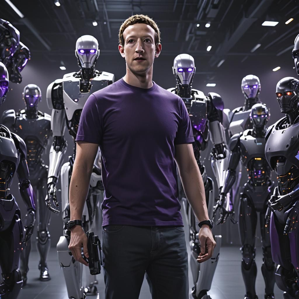 A photorealistic, Mark Zuckerberg is standing front-facing and speaking ...