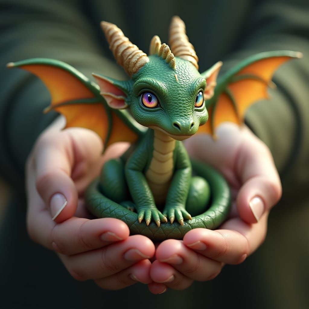 Tiny Dragon in Child's Hands: Photorealistic Art - AI Art