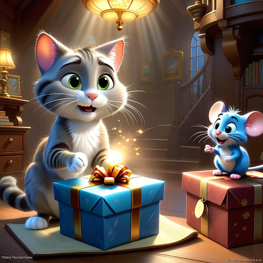 Tom gives a gift to Jerry. - AI Generated Artwork - NightCafe Creator